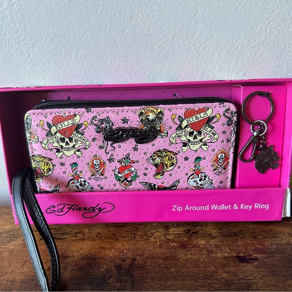 Ed Hardy | Bags | Ed Hardy Pink Rhinestone Wallet Wristlet Gift Set ...
